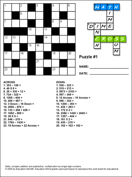 Math Cross Puzzle Puzzle 1 Education World