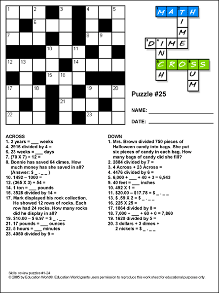 Math Cross Puzzle Puzzle 25 Education World