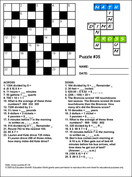 Math Cross Puzzle Puzzle 35 Education World