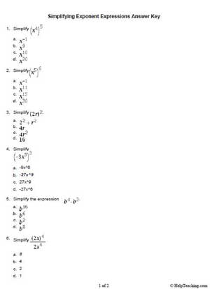 Simplifying Exponent Expressions Answer Key | Education World