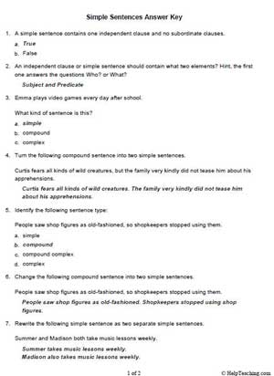 Simple Sentences Answer Key | Education World