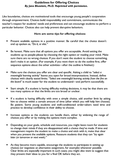 Handout: Offering Choices to Students | Education World