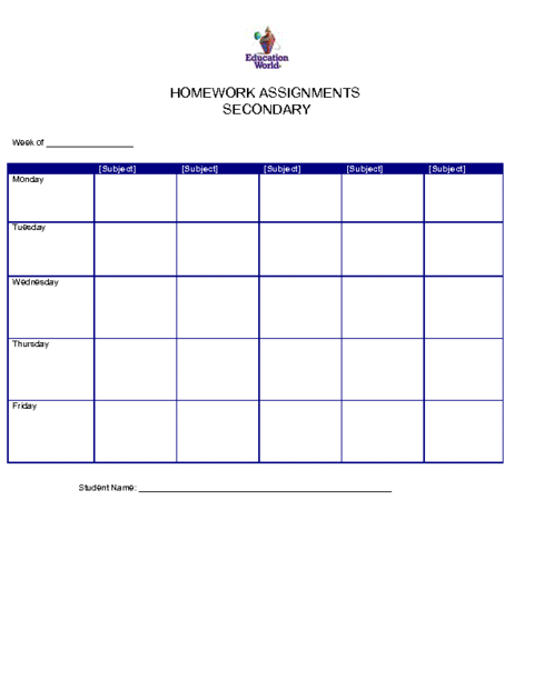Secondary Homework Assignment Organizer Template Education World