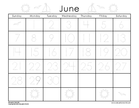 June 2009 Traceable Calendar Template | Education World